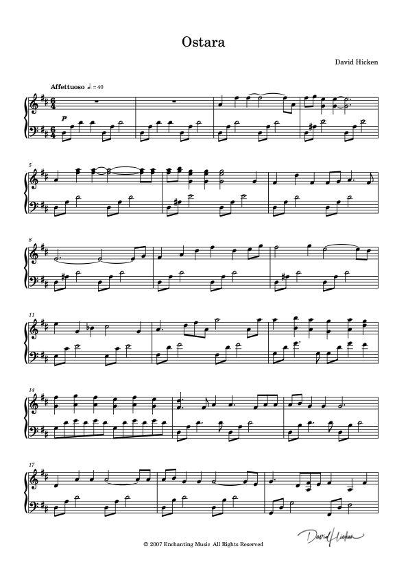 Ostara – Piano Sheet Music in D major | Intermediate – David Hicken Music