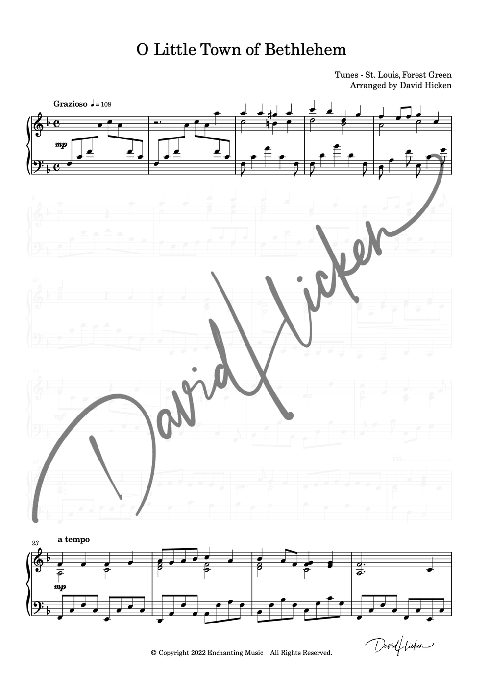 "O Little Town of Bethlehem" - Piano Sheet Music – David Hicken Music